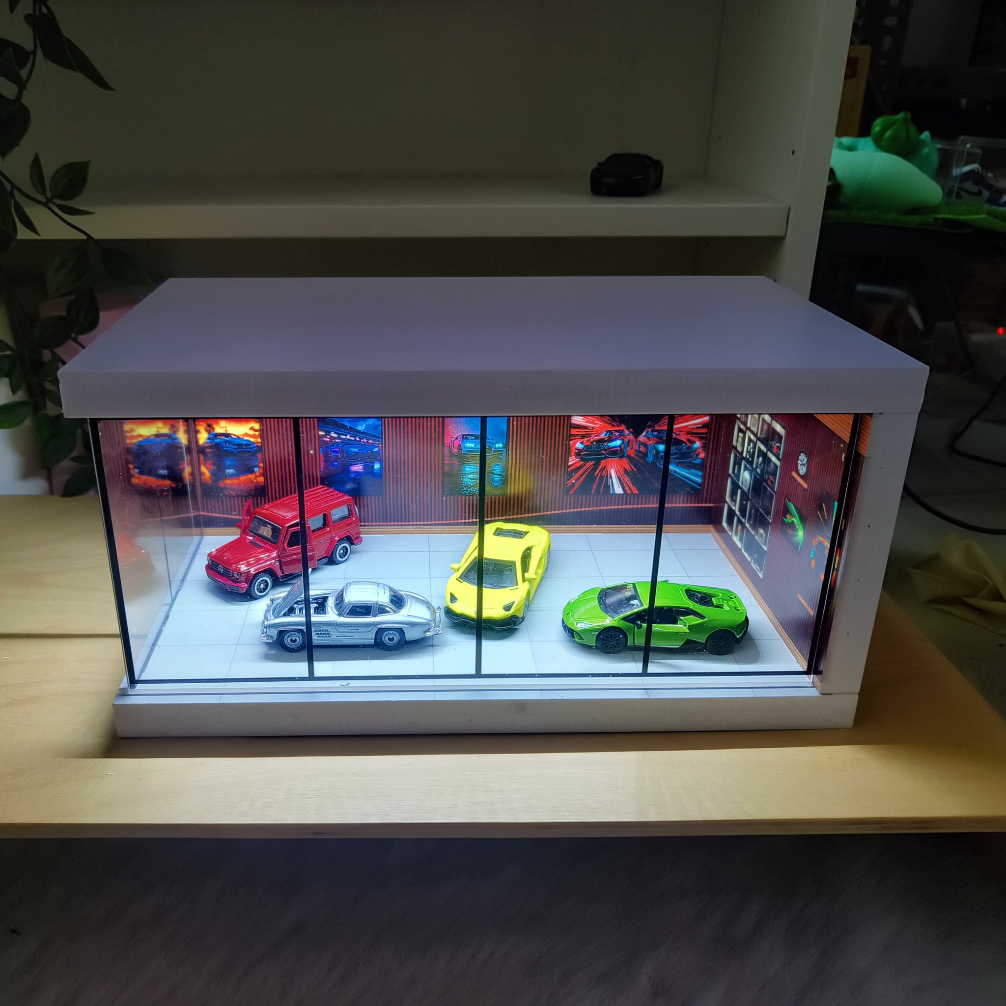 Brown Luxury Miniature Car Showroom Decor Diecast Organizers With Ligh